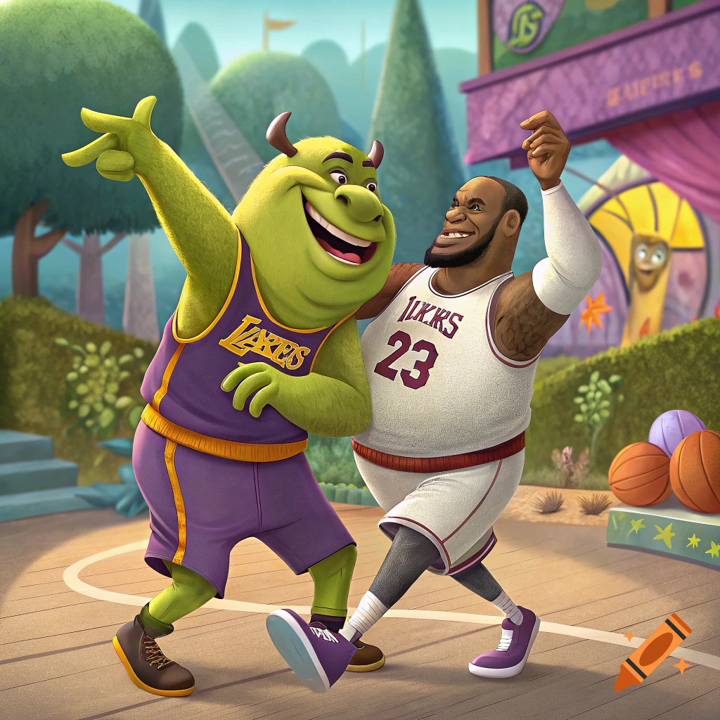 LeBron James and Shrek on tandem bike in Costco parking lot at golden ...