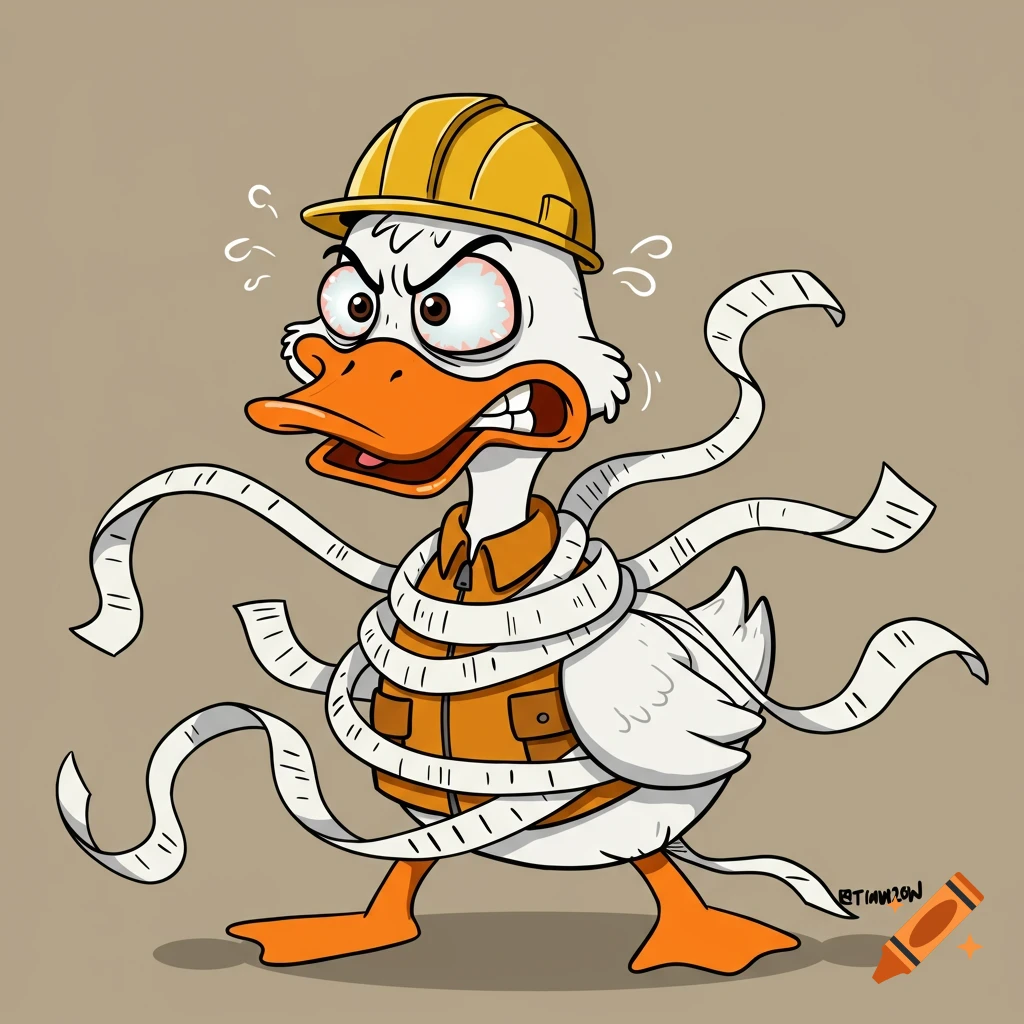Cartoon duck in construction hat and vest tangled in paper, looking ...