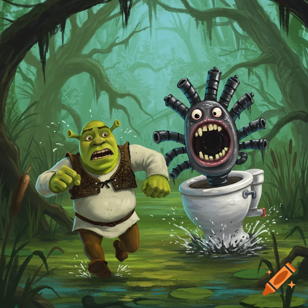Shrek running from Skibidi Toilet on Craiyon