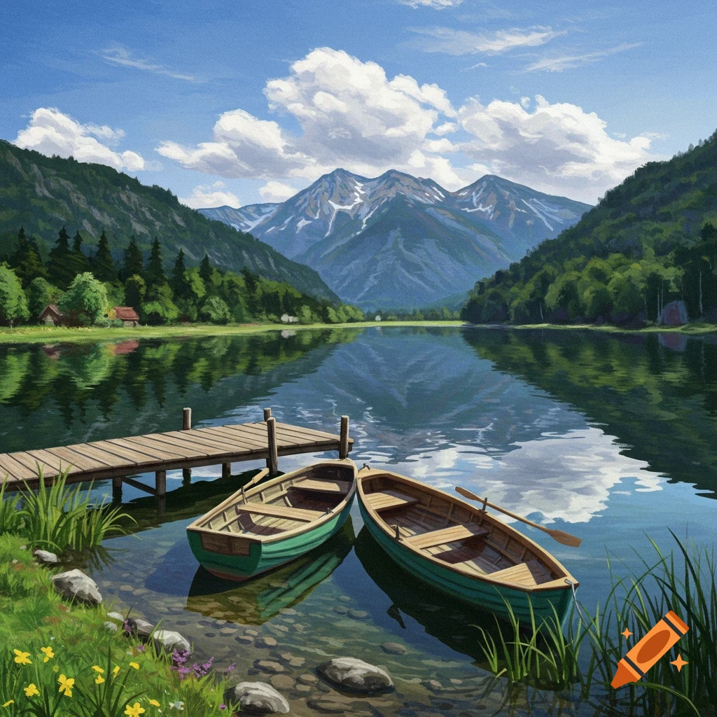 Monet-style painting of mountains, lake, rowboats, and dock on Craiyon