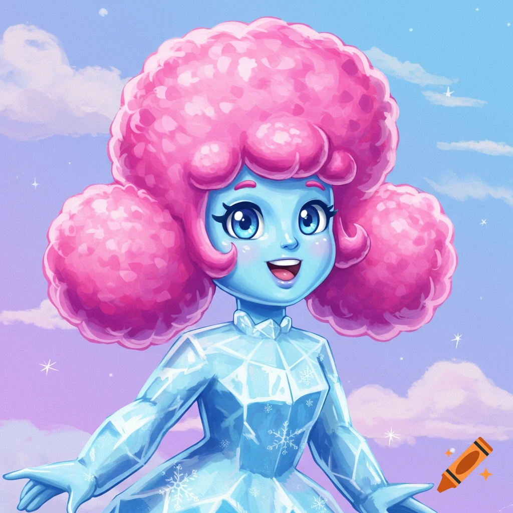 Smiling blue character with pink hair in an ice dress, digital ...