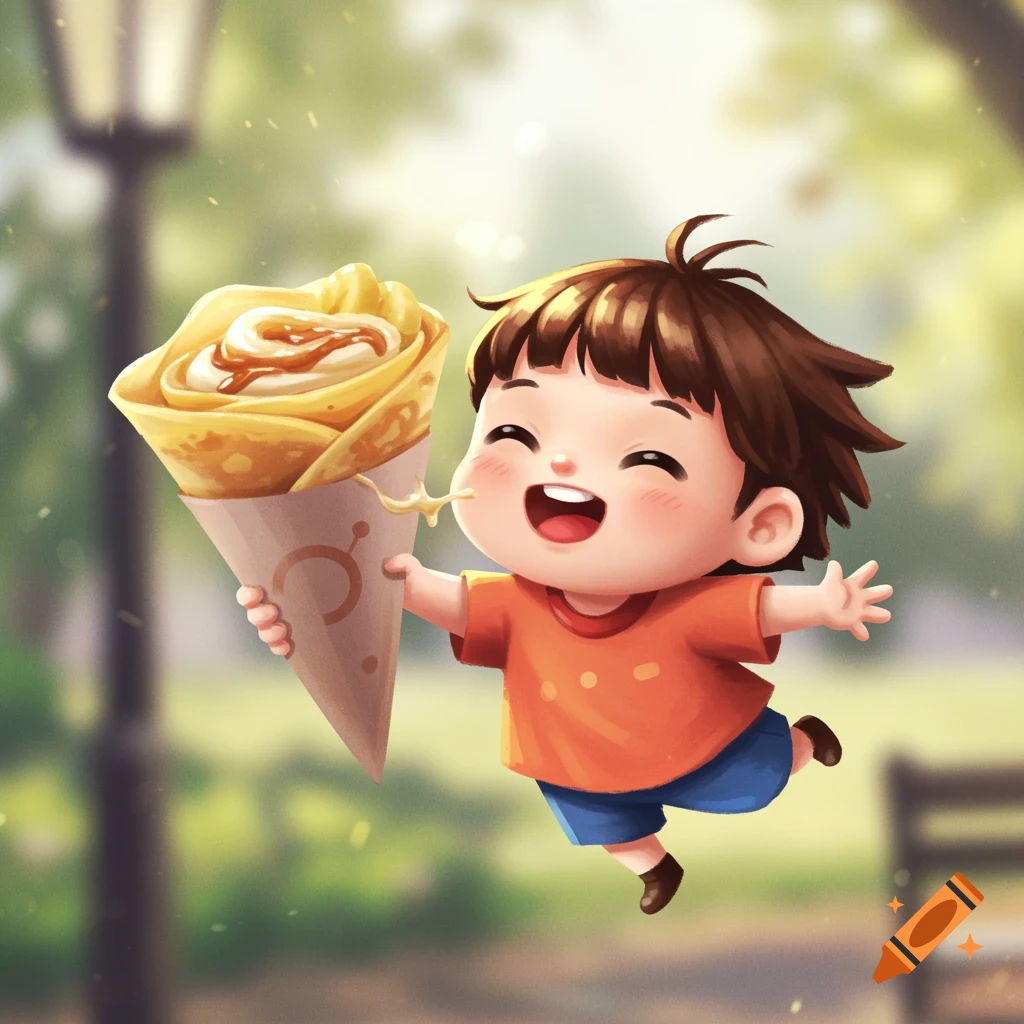 Cute cartoon child happily holding a large crepe with caramel sauce in ...