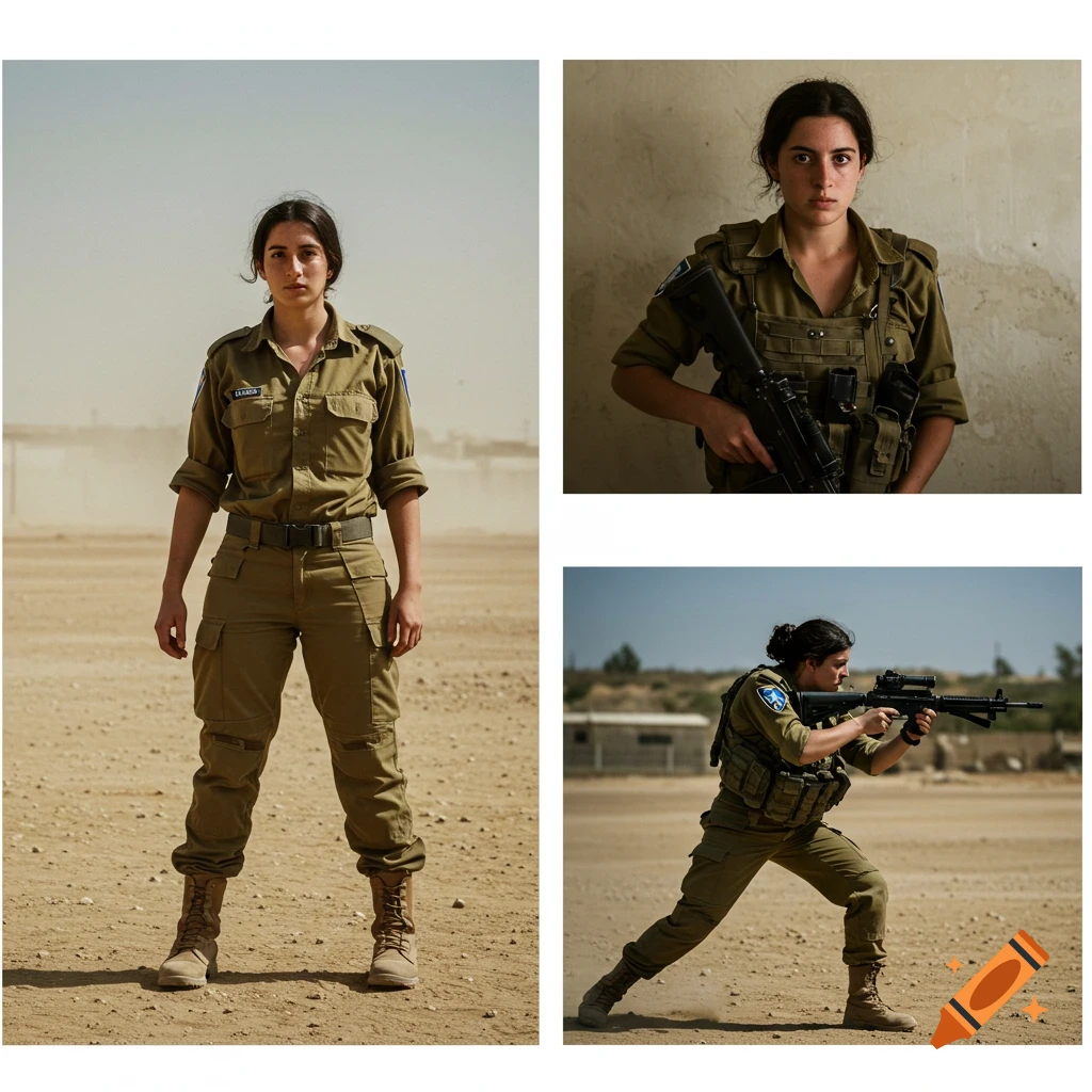 Israeli female soldier in IDF uniform on training ground on Craiyon