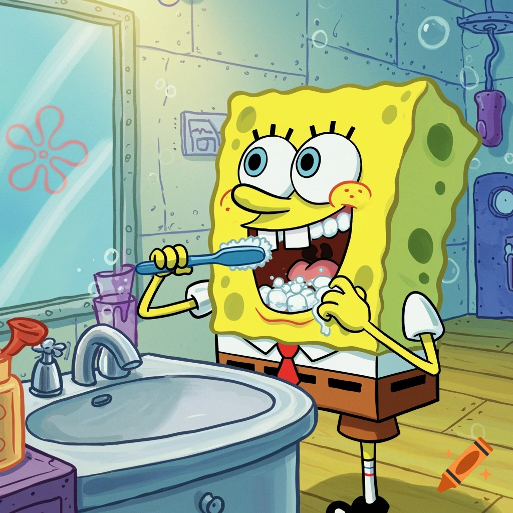 Spongebob Squarepants brushing his teeth on Craiyon