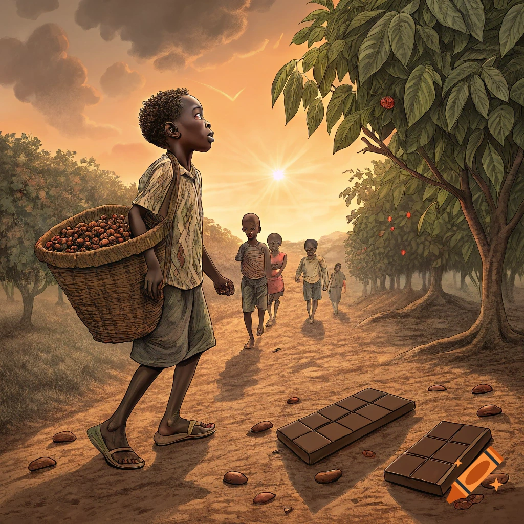 Child labor in cocoa fields with broken chocolate bar on Craiyon