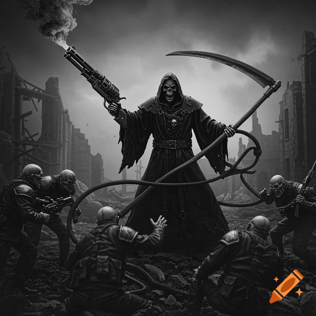 Grim Reaper with gun and scythe capturing bad guys on Craiyon