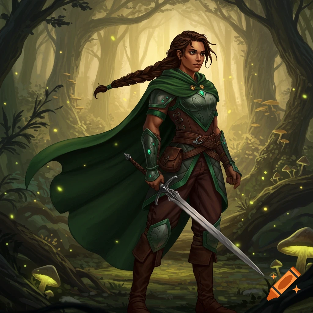 A fantasy ranger with a sword stands in a magical forest. on Craiyon