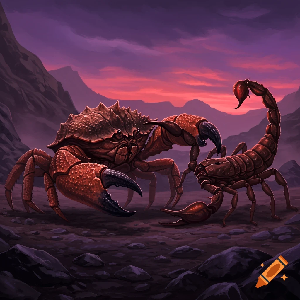 Illustration of a large red crab facing a red scorpion in a rocky ...