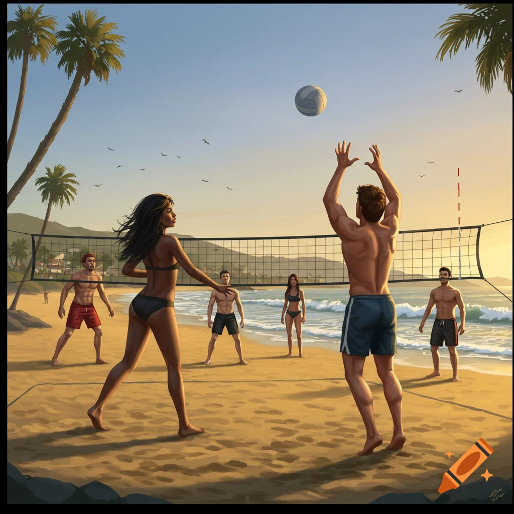 Five people in swimsuits and gas masks play with a beach ball on a sunny beach. on Craiyon