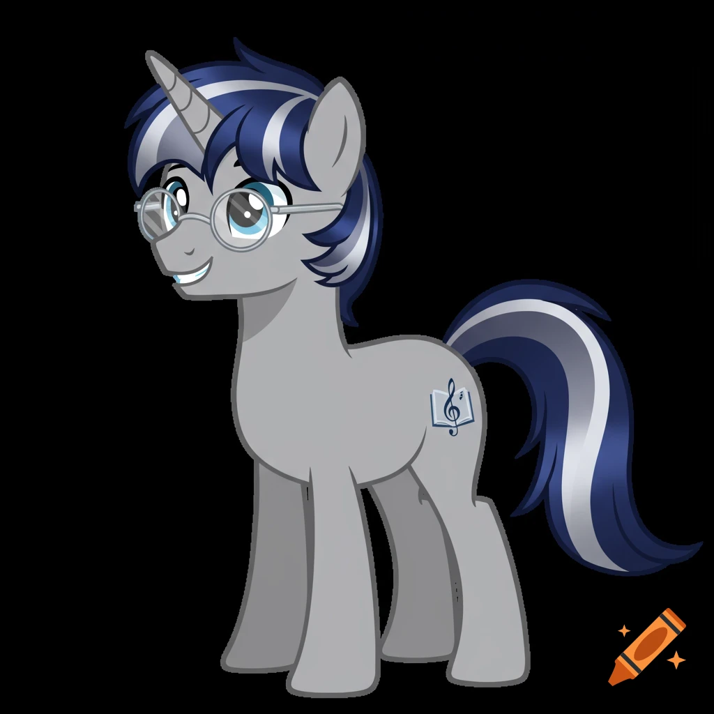 Cheerful unicorn with a silver-gray coat, navy mane, wearing glasses and a treble clef cutie ...