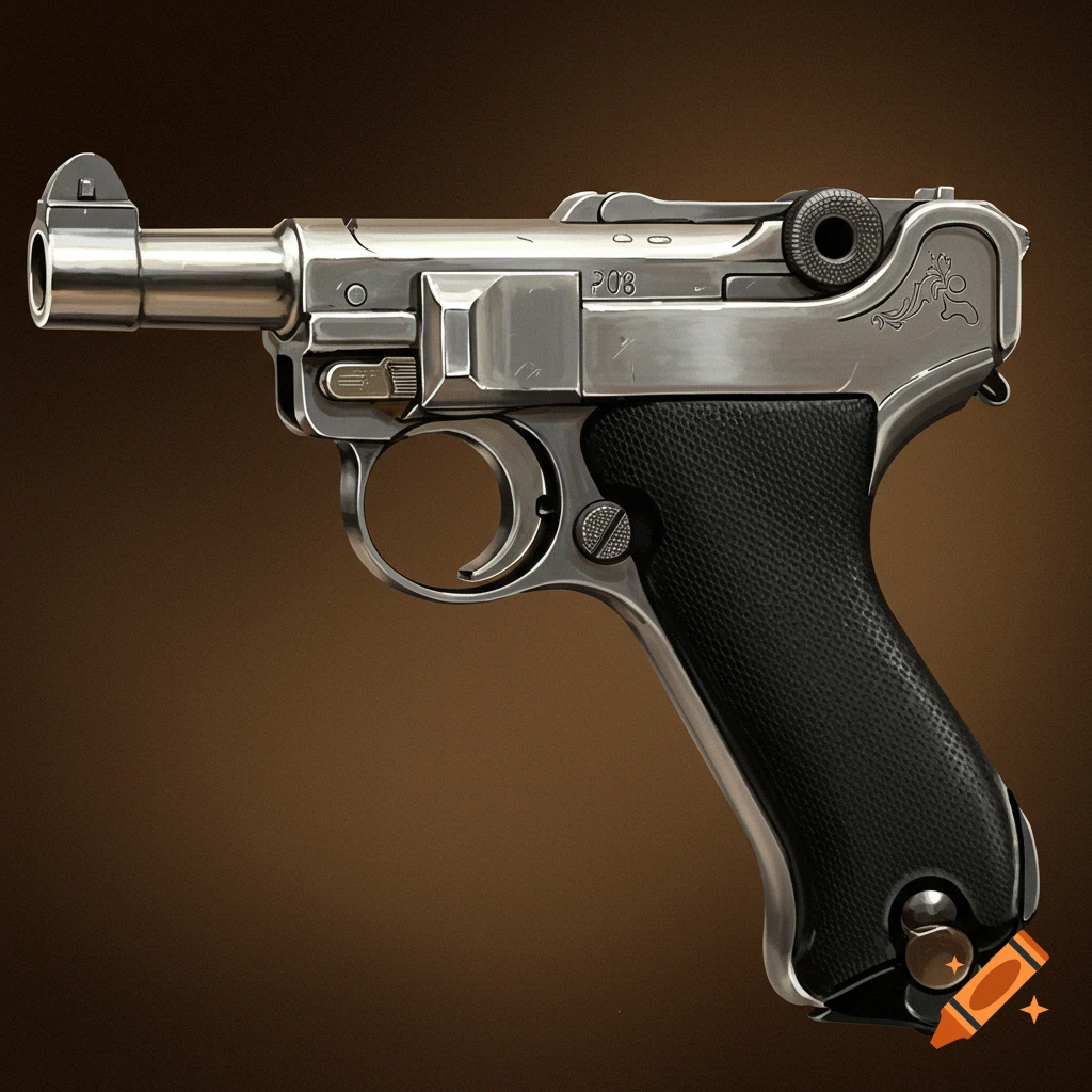 A nickel-plated Luger pistol with black grips. on Craiyon