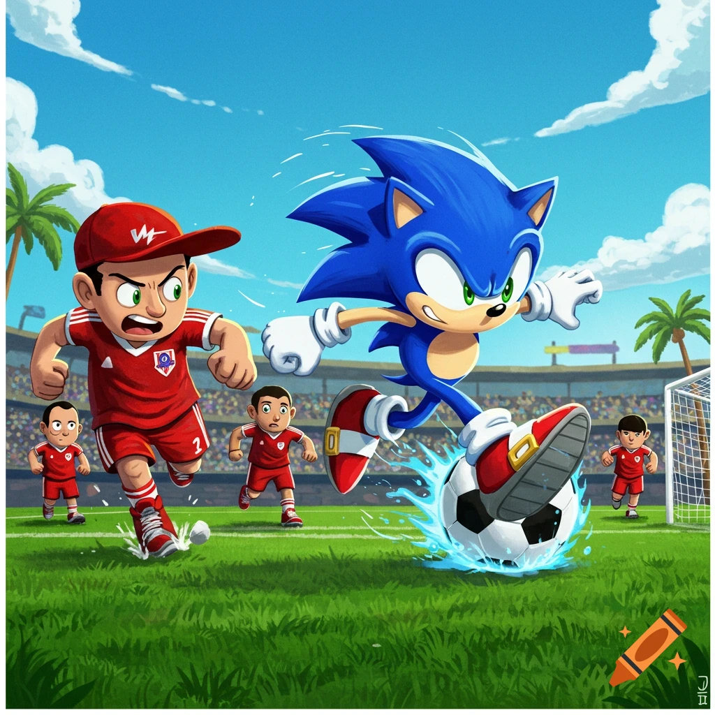 Cartoon style illustration of a human soccer player kicking Sonic the ...