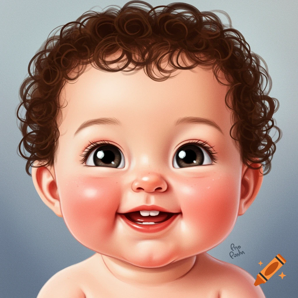 Baby with round face, curly hair, almond eyes, and gap teeth on Craiyon
