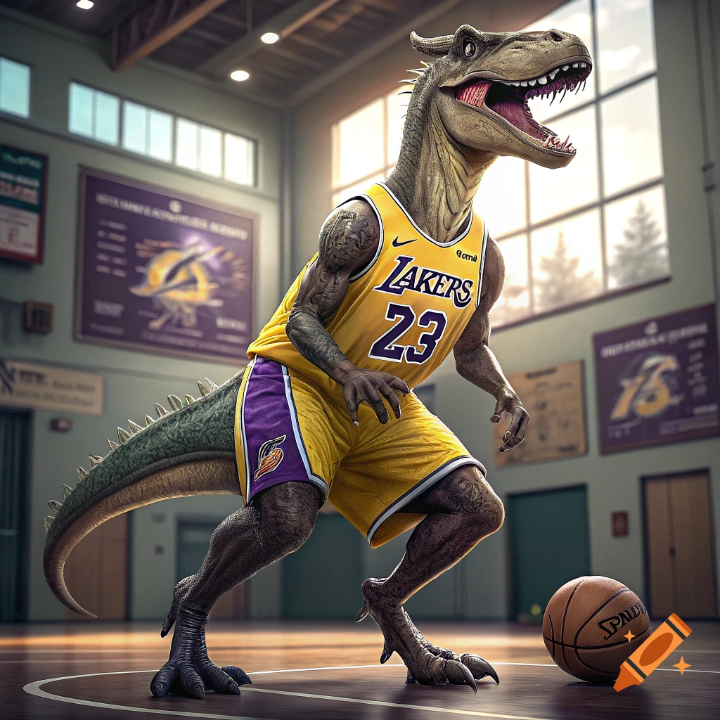 Lebron James as a dinosaur in a Lakers jersey on Craiyon