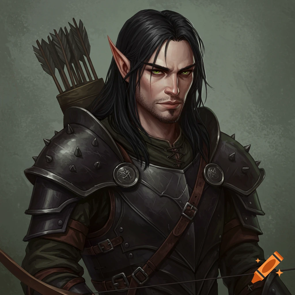 Male elf with black hair and scarred face in studded leather armor on ...
