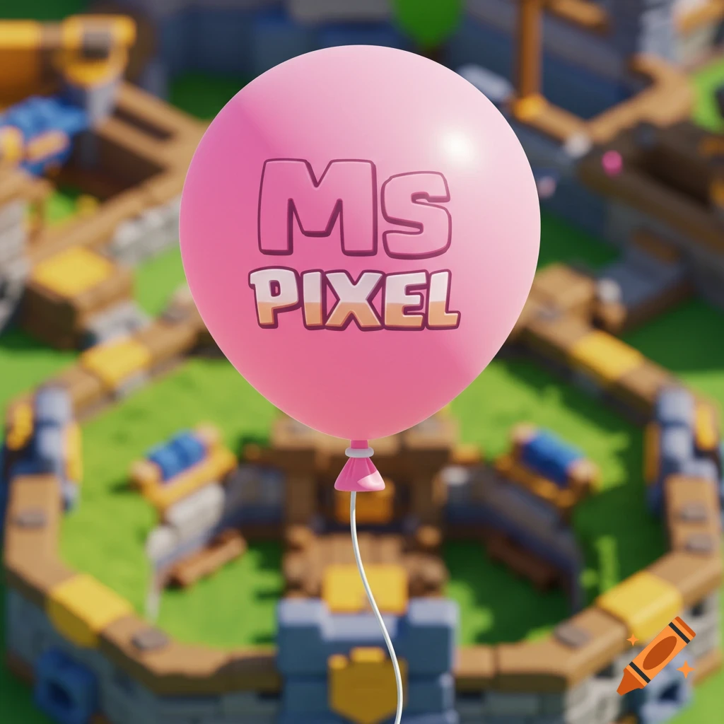 A pink balloon with 'MS PIXEL' printed on it floats above a blurry cartoon medieval battleground ...