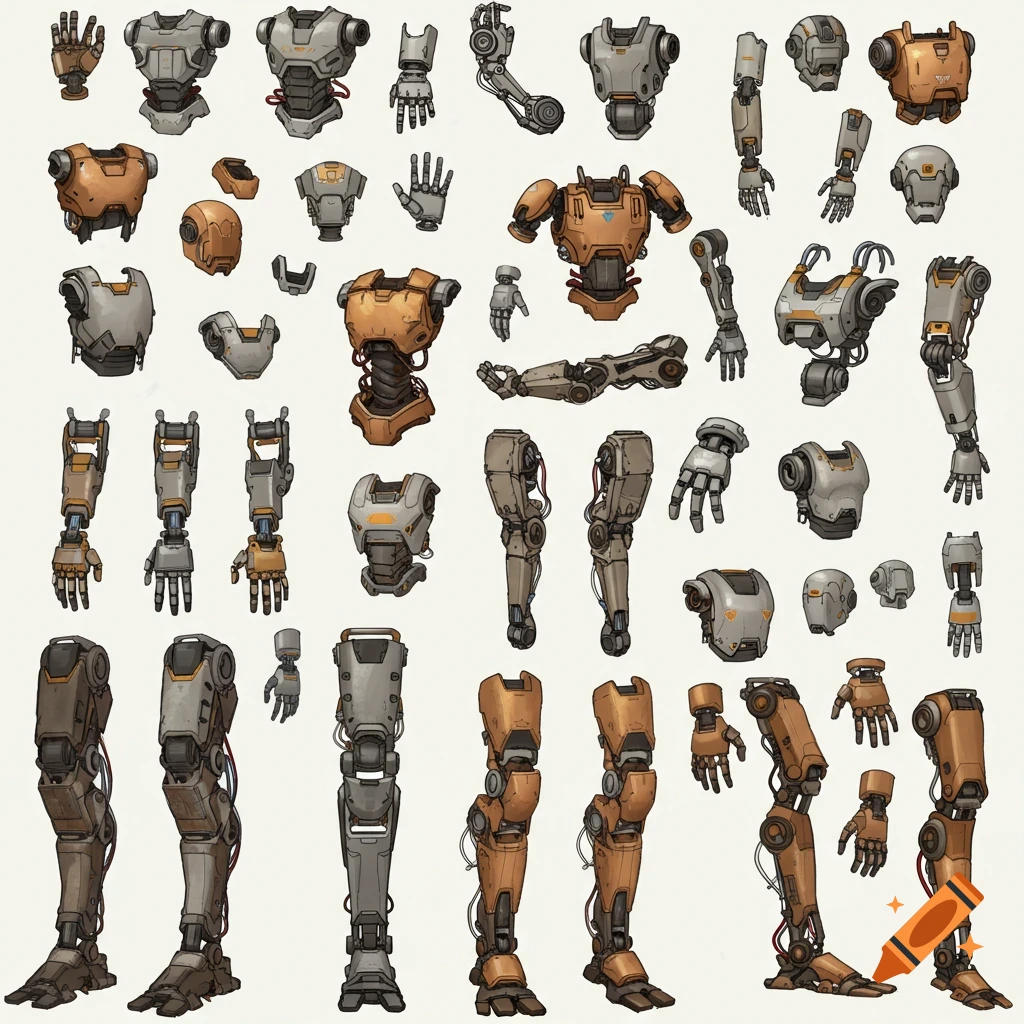 Robot body parts arrangement showcasing futuristic, industrial, and ...