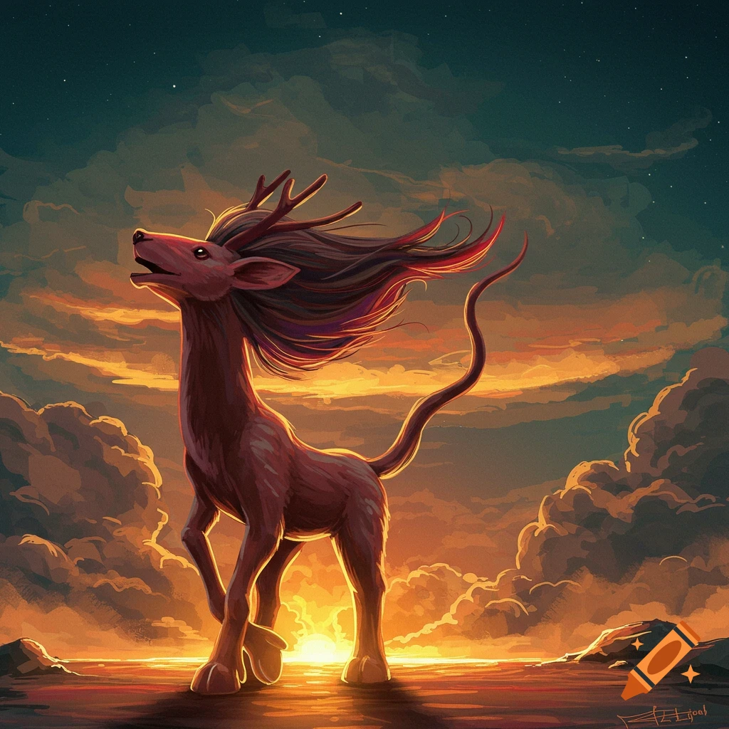 A fantasy creature resembling a deer with antlers stands in shallow water at sunset. on Craiyon
