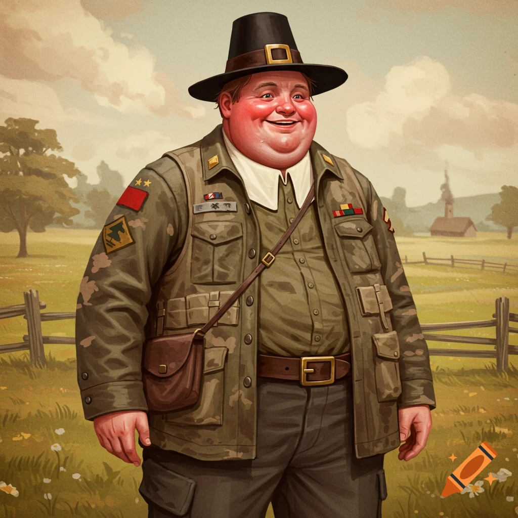 Fat man in pilgrim hat wearing army outfit on Craiyon