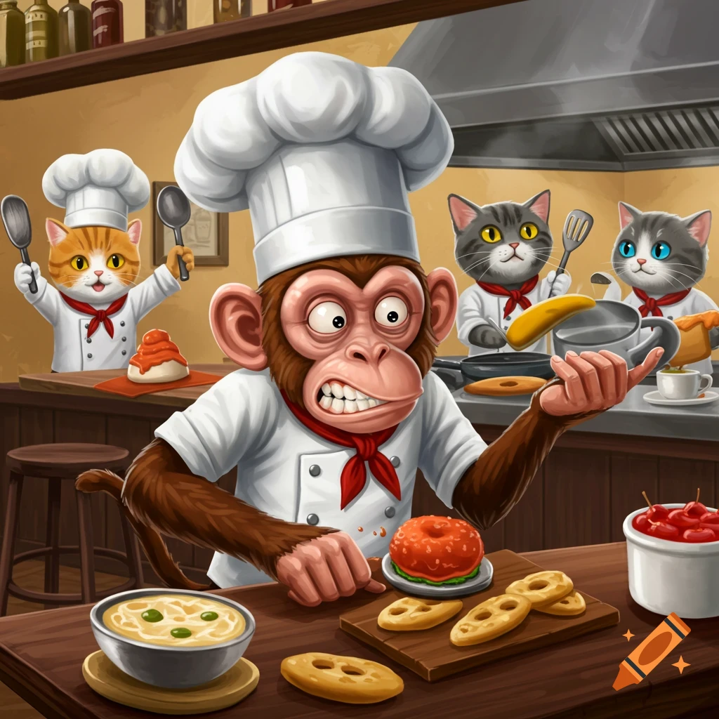 Cartoon chef monkey stressed in restaurant with cat employees playing around him. Monkeys and ...