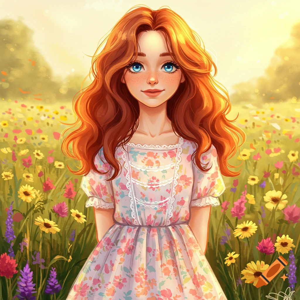 An illustration of a cartoon girl with red hair holding a dandelion in a field. on Craiyon