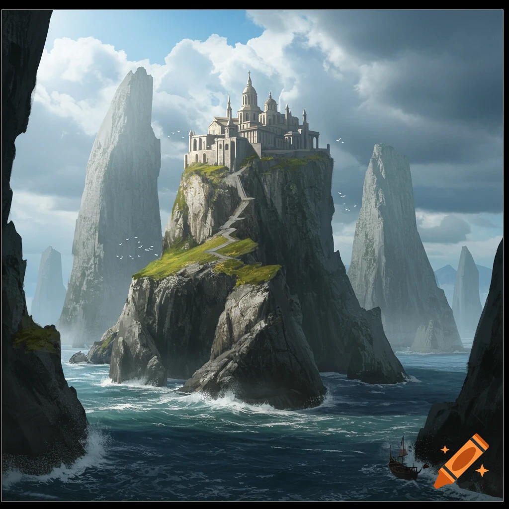 Jagged rocky island with monastery, fantasy concept art on Craiyon