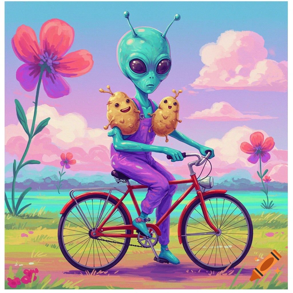 Alien riding a bicycle with potatoes growing from chest on Craiyon