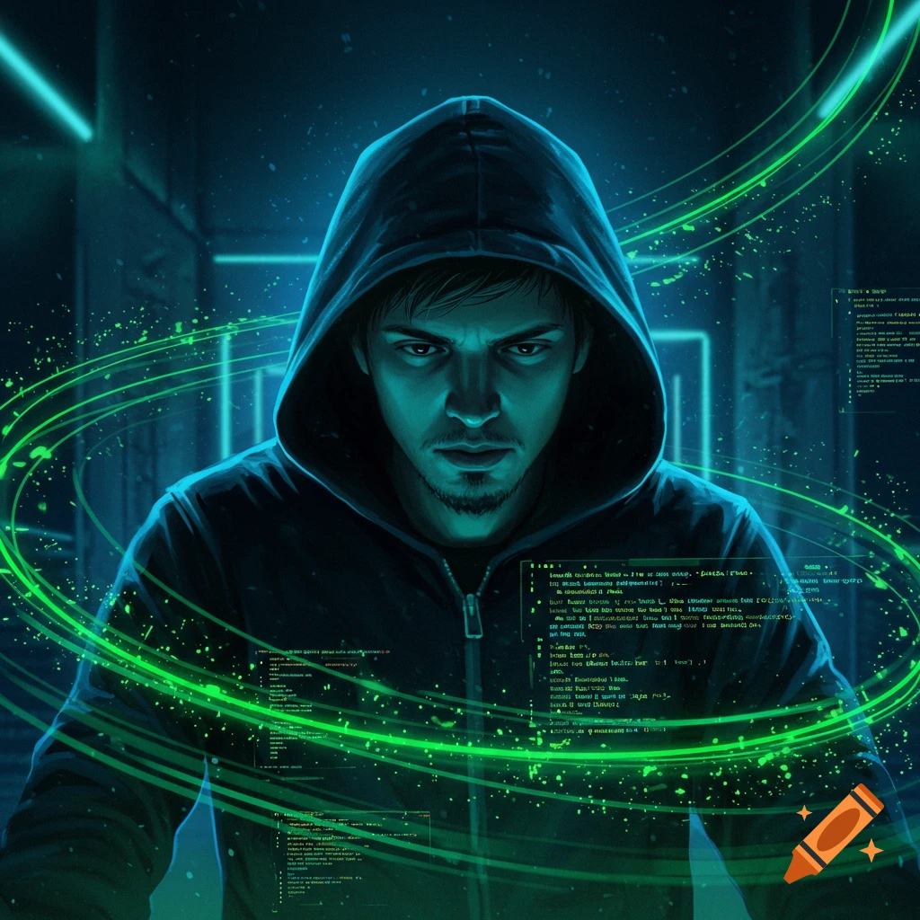 Hacker in hoodie working at computer with floating code on Craiyon