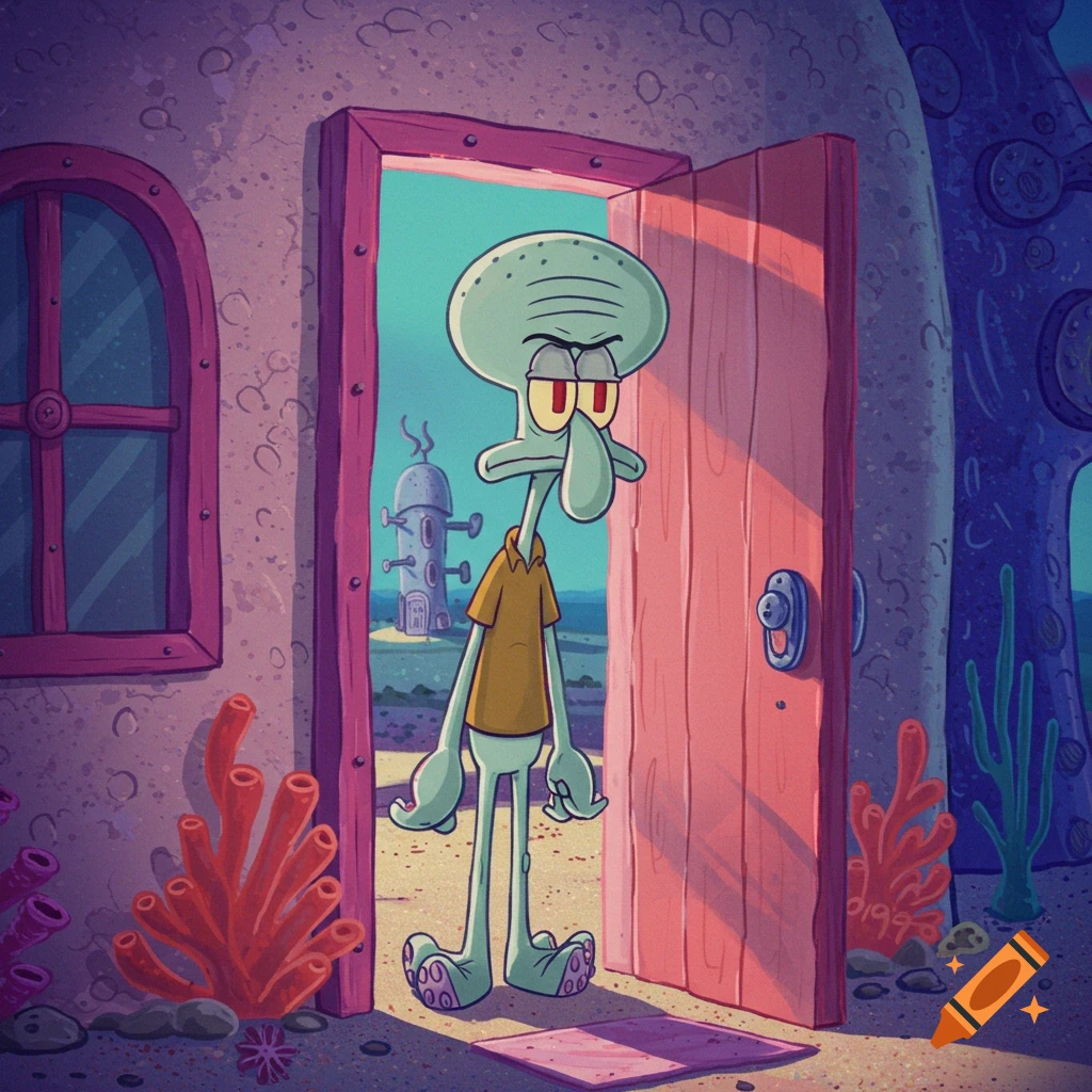 Squidward stands in his doorway, looking out at the beach. Cartoon ...