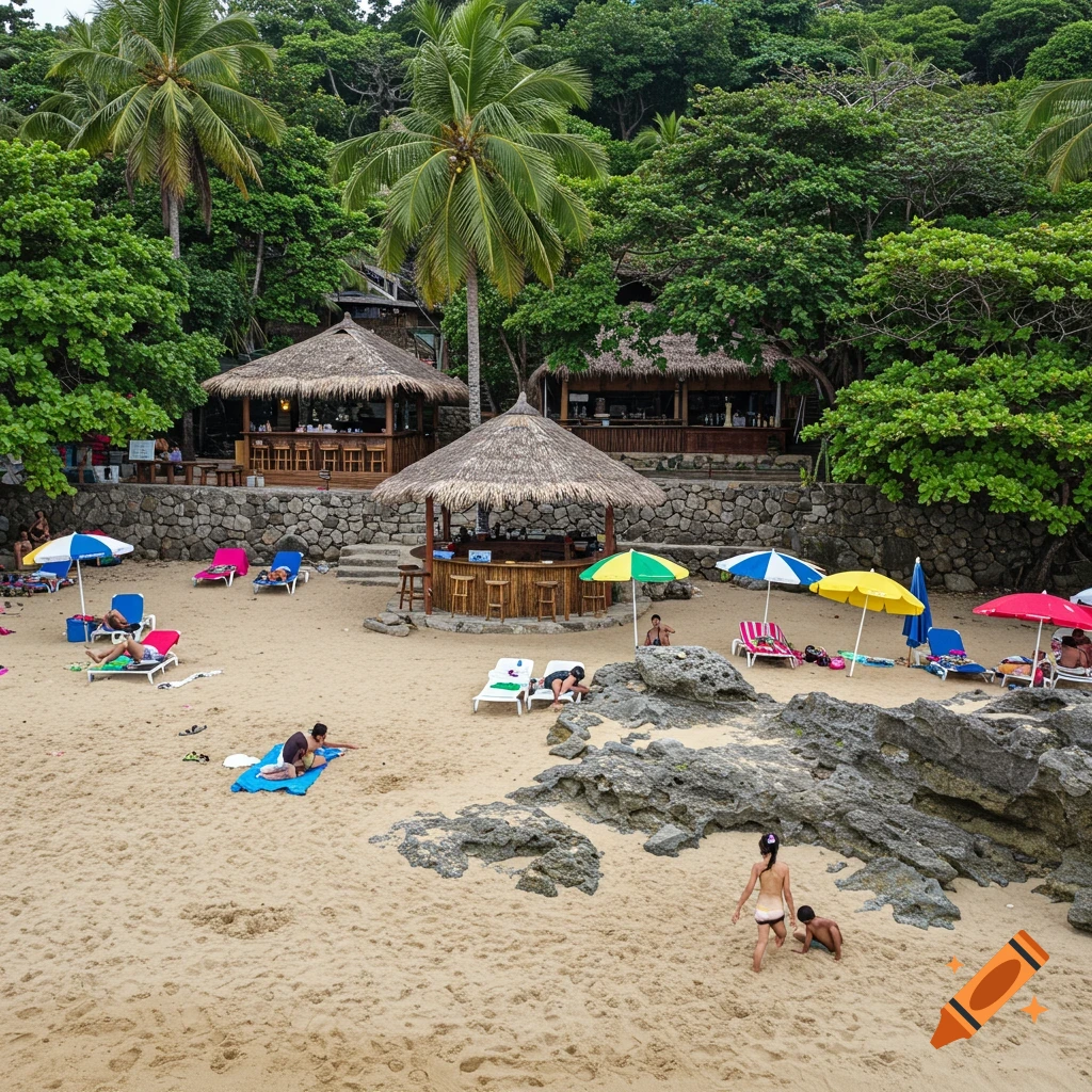 Tropical beach with hut, bar, stone seating, umbrellas, and scattered ...