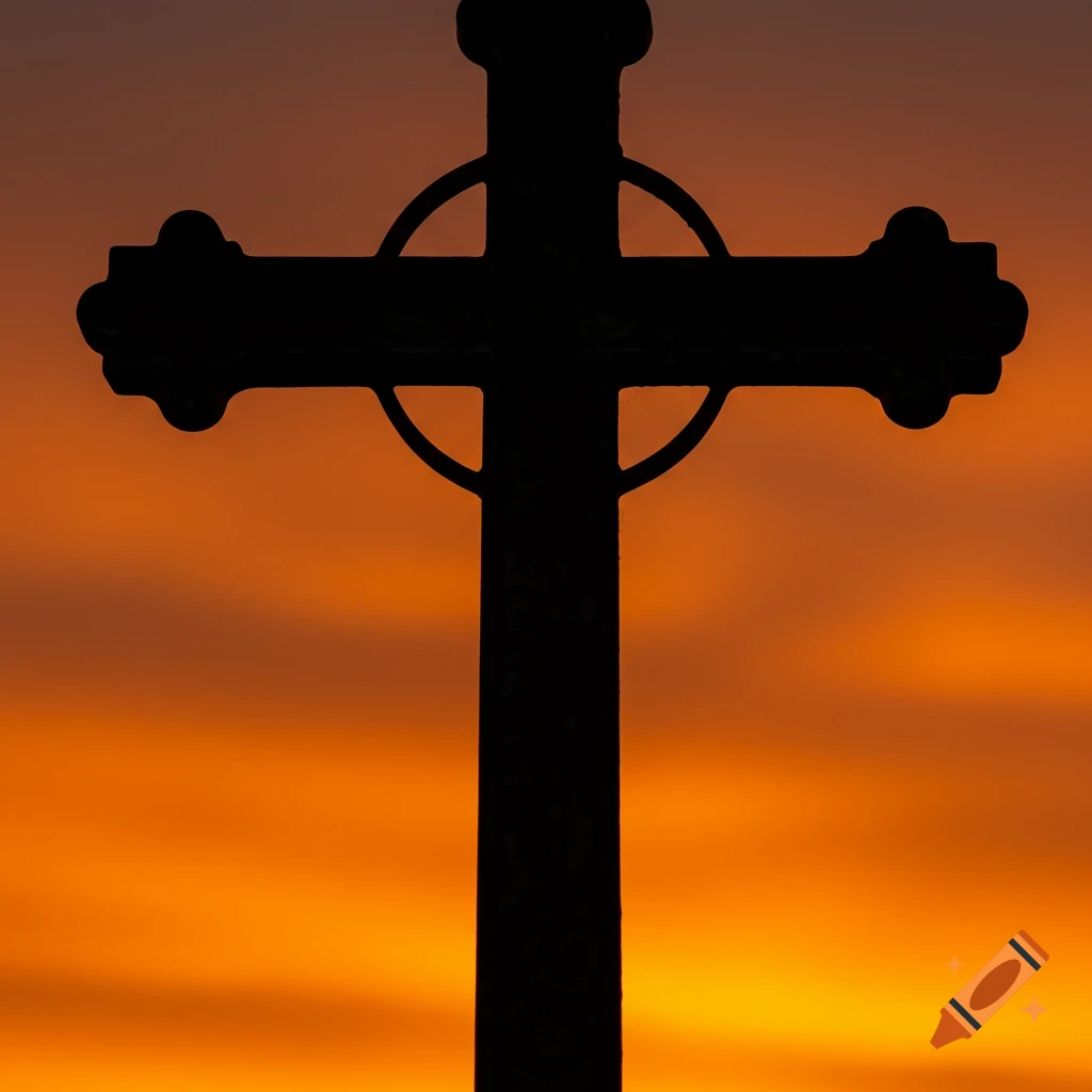 Silhouette of an ornate cross against a vibrant orange and yellow ...