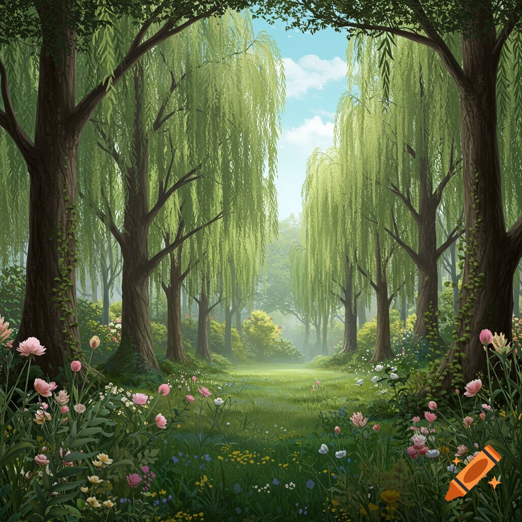 Dense forest with weeping willow trees and florals on Craiyon