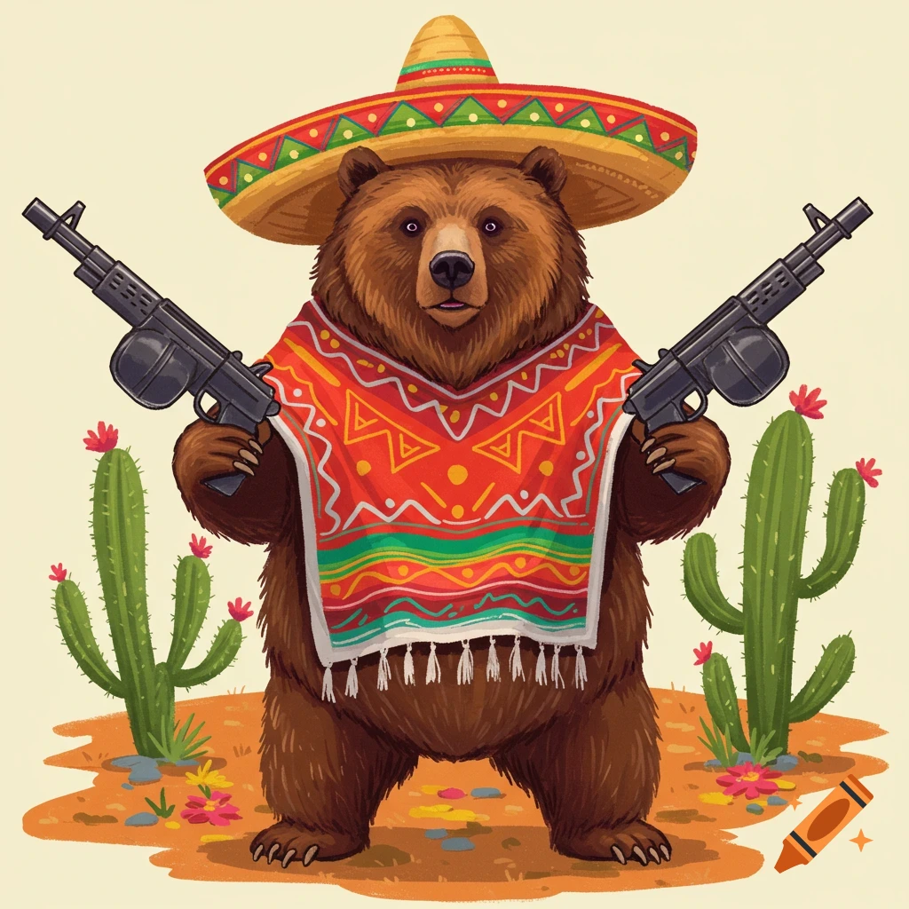 Grizzly bear wearing a sombrero and poncho holding two Uzis on Craiyon