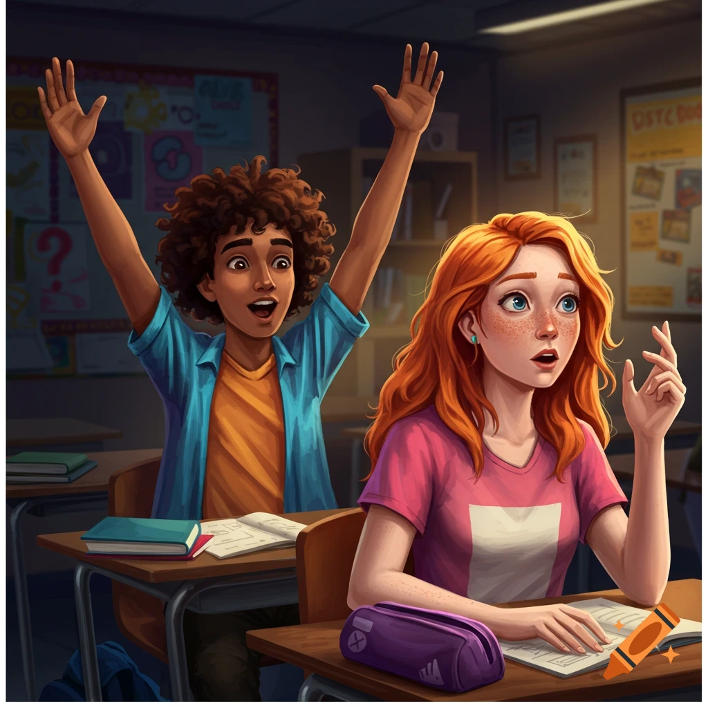 An illustration shows a teacher pointing at a whiteboard while four ...