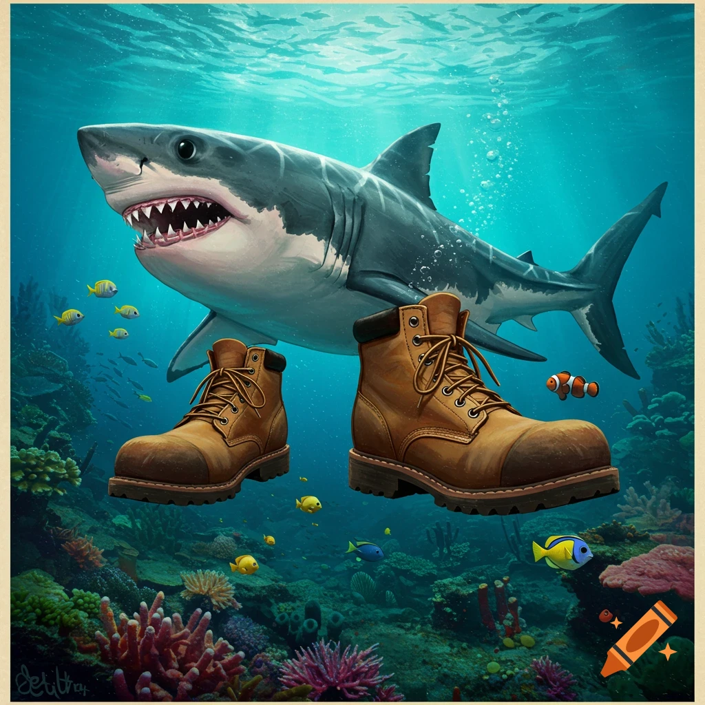 Cartoon shark wearing blue Nike sneakers running on a beach near the ocean. Shark cartoon ...