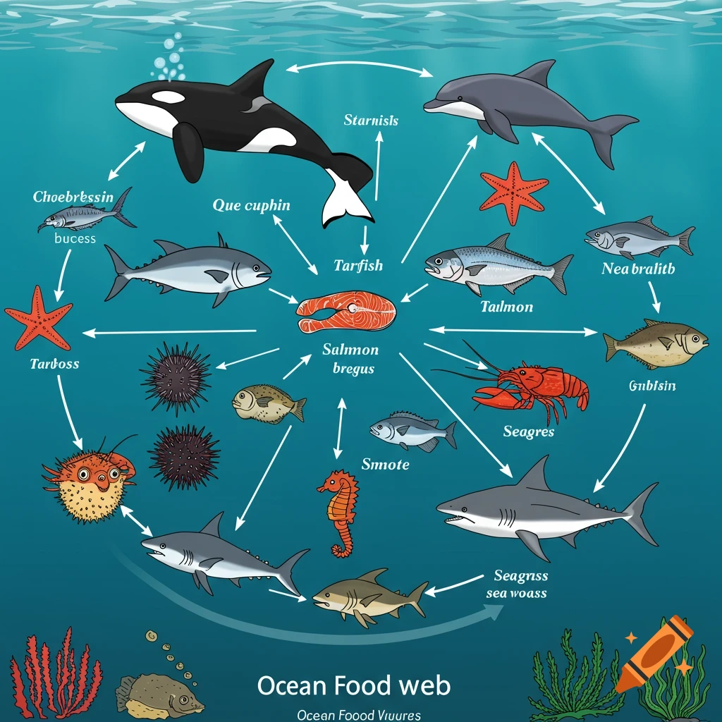 Ocean food web diagram with various marine animals on Craiyon
