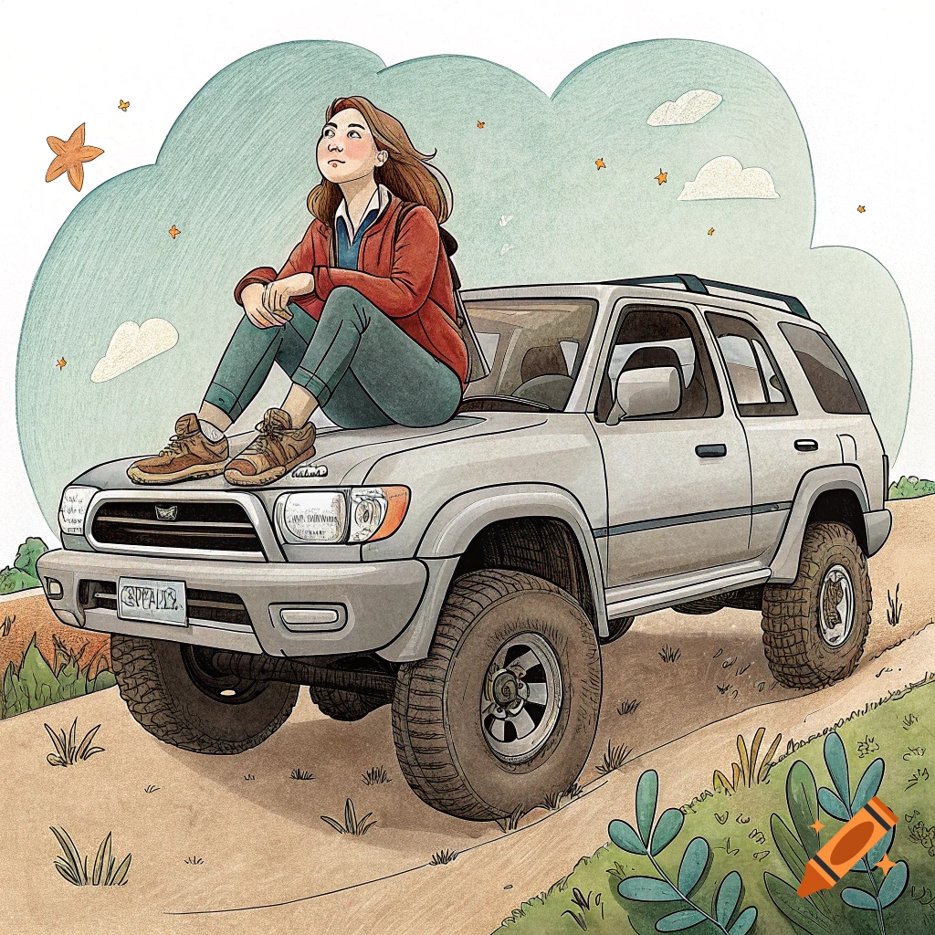 Kate Moennig in a Toyota 4Runner cartoon on Craiyon