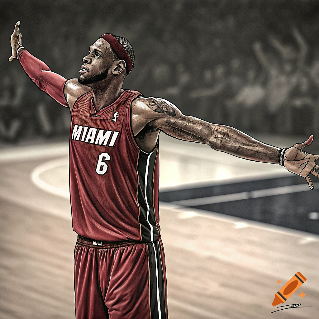 Lebron James in a Miami Heat jersey stands with arms extended on a ...