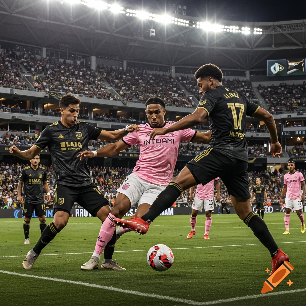Soccer players in black and pink jerseys compete for the ball on a ...