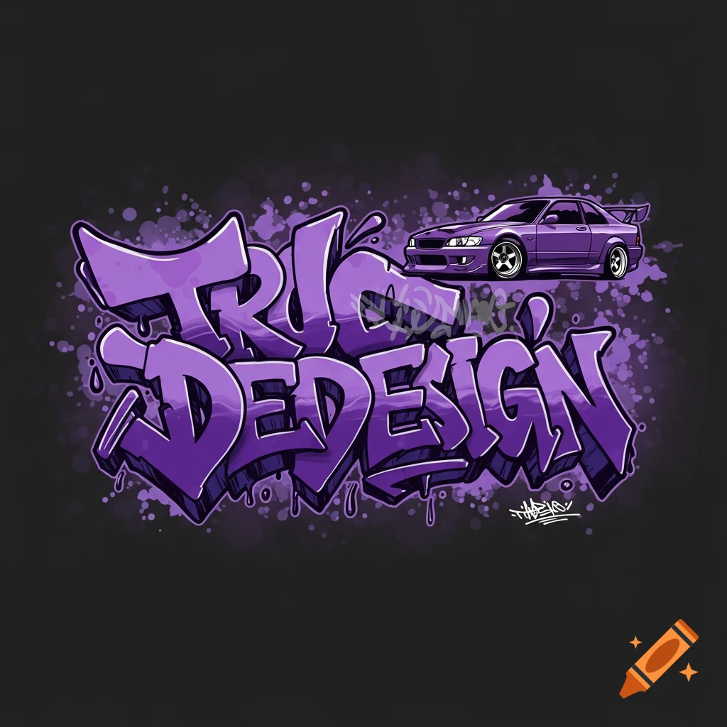 "TRU DESIGN" graffiti logo with purple cartoon IS300 on Craiyon