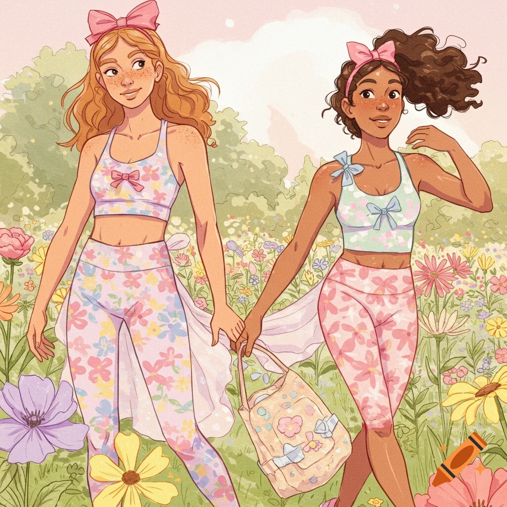 Illustration of two women in floral athletic wear holding hands in a ...