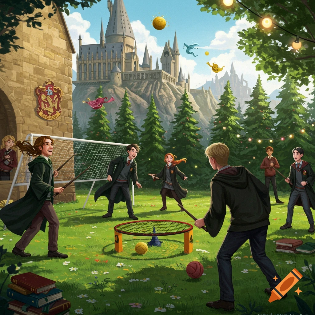 Young wizards play a game similar to Spikeball on a lawn outside a ...