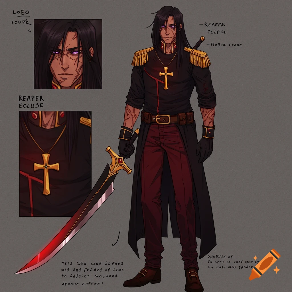 Anime character, Reaper Eclipse, with black hair, purple eyes and scars ...