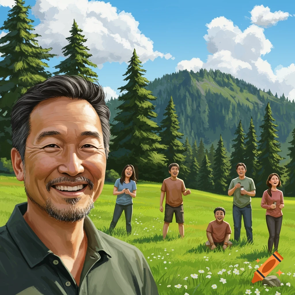 A smiling man takes a selfie with a group of happy people in a sunny, green meadow with pine ...