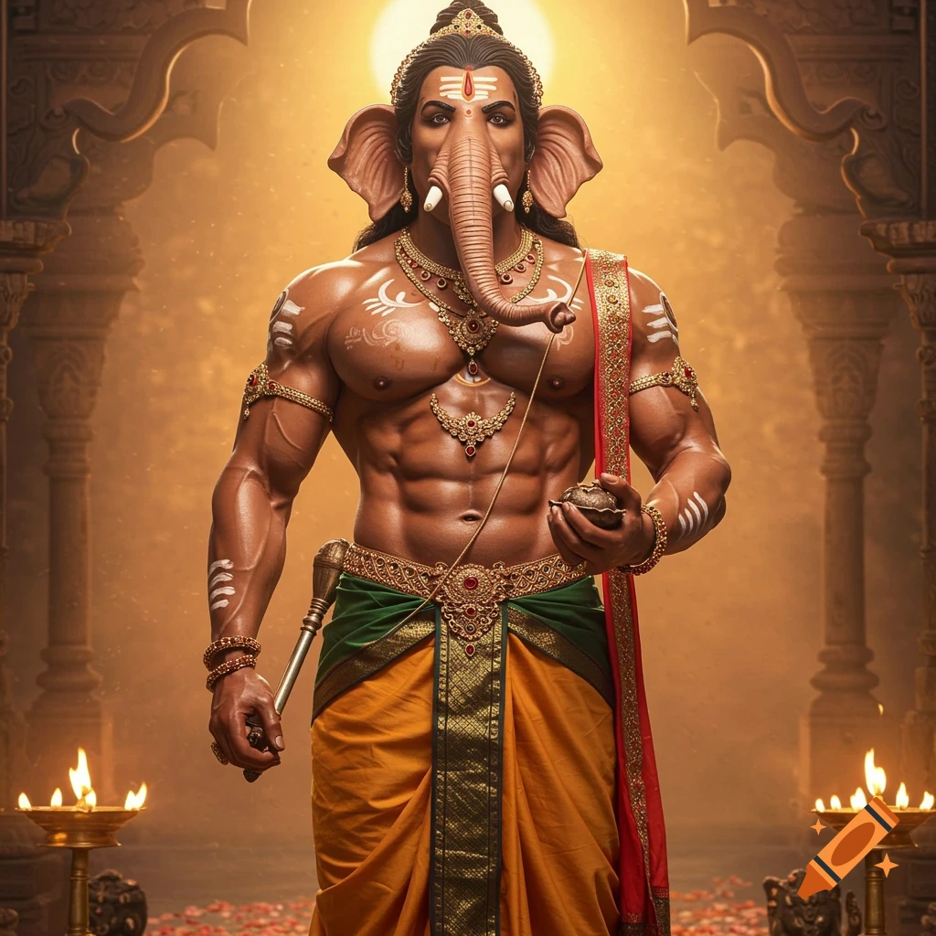 Photorealistic bodybuilding Hindu god with elephant trunk and mustache ...