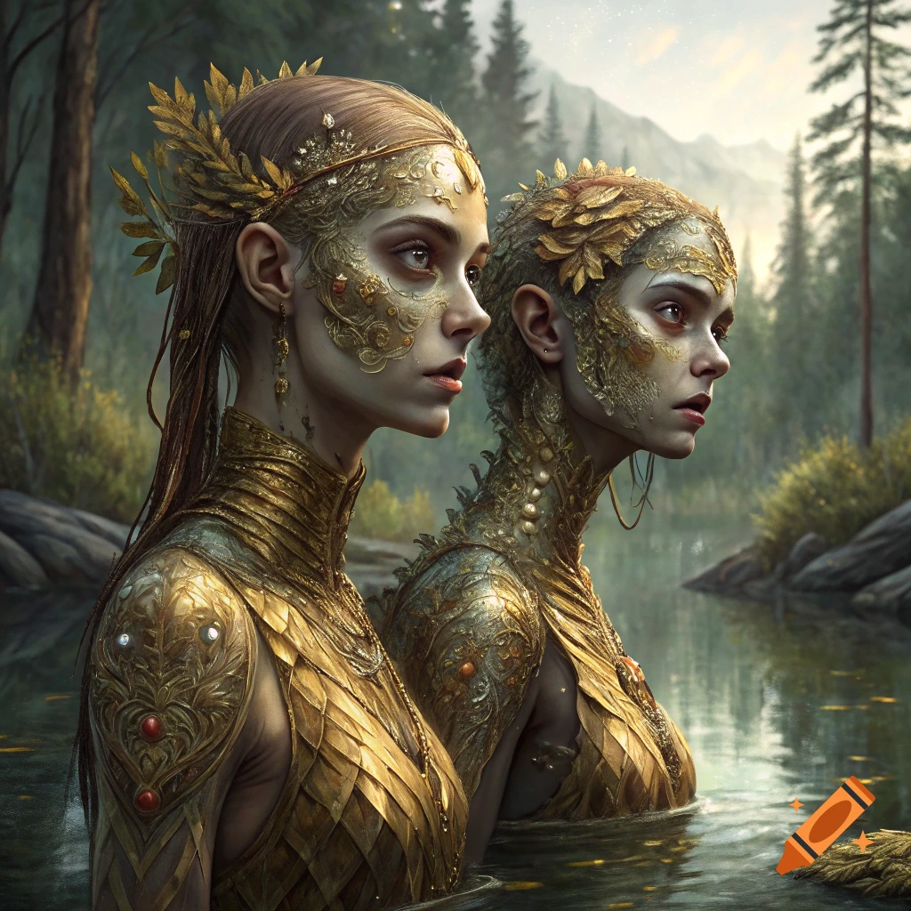 Conjoined twins with gold and amber armor bodies in a forest lake ...