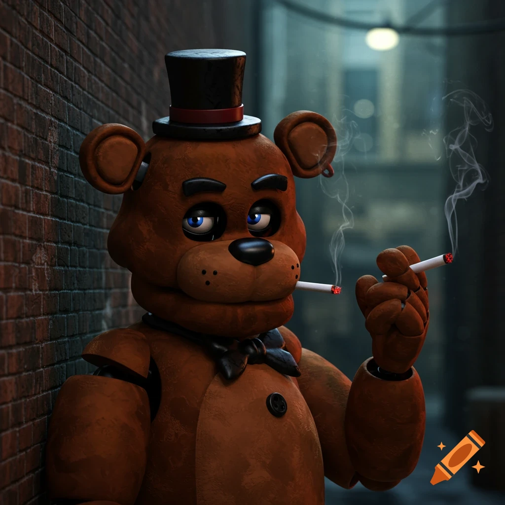 Freddy Fazbear smoking a cigarette in an alleyway on Craiyon