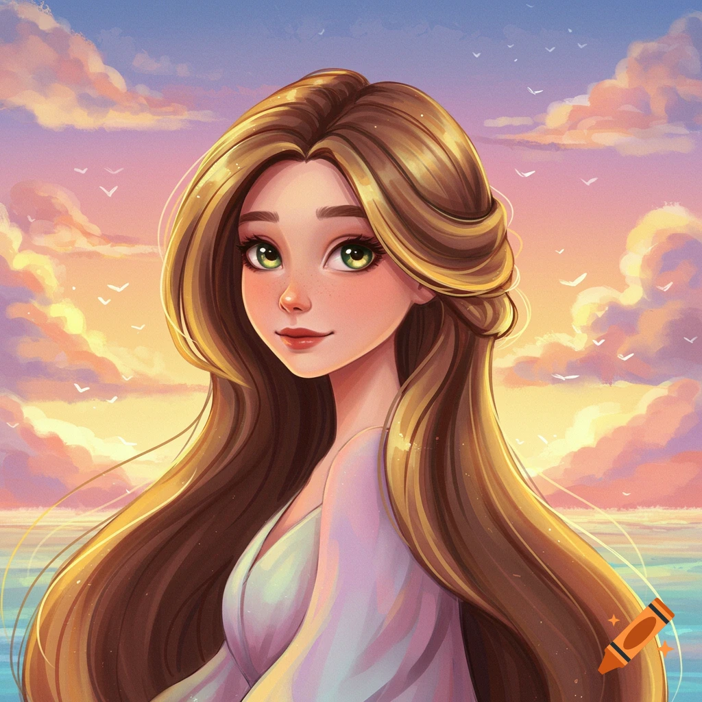 Glimmering young girl with long dark blonde highlighted hair on Craiyon