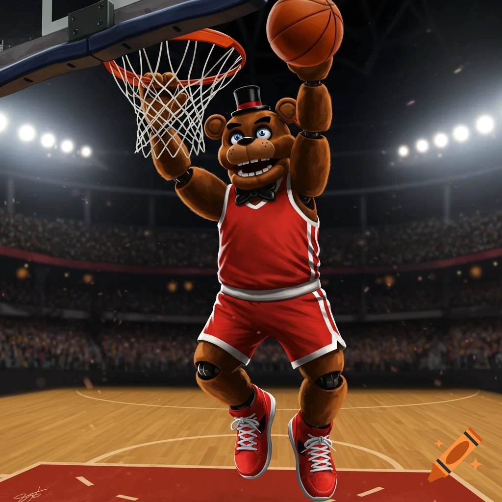Freddy Fazbear wearing a basketball jersey and shorts, dunking a ...