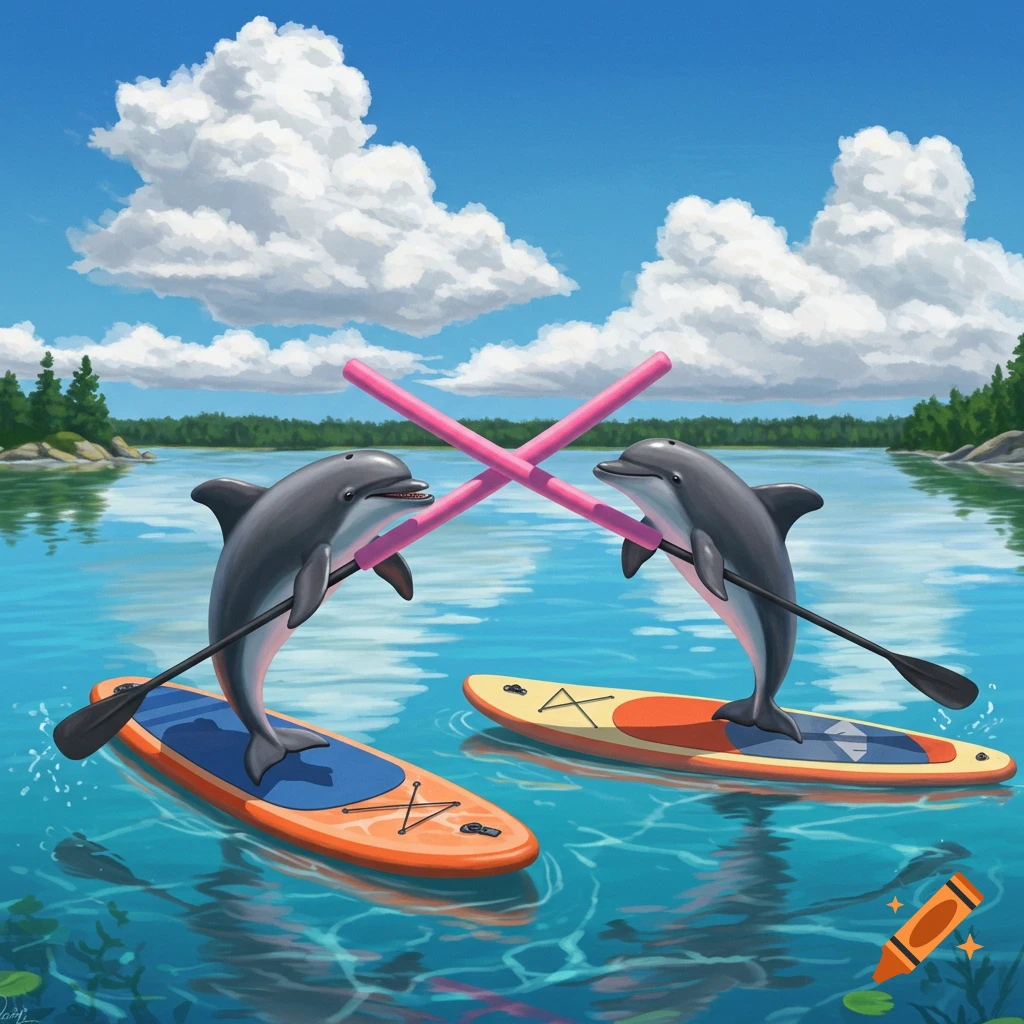 Two cartoon dolphins jousting with pink pool noodles while standing on ...
